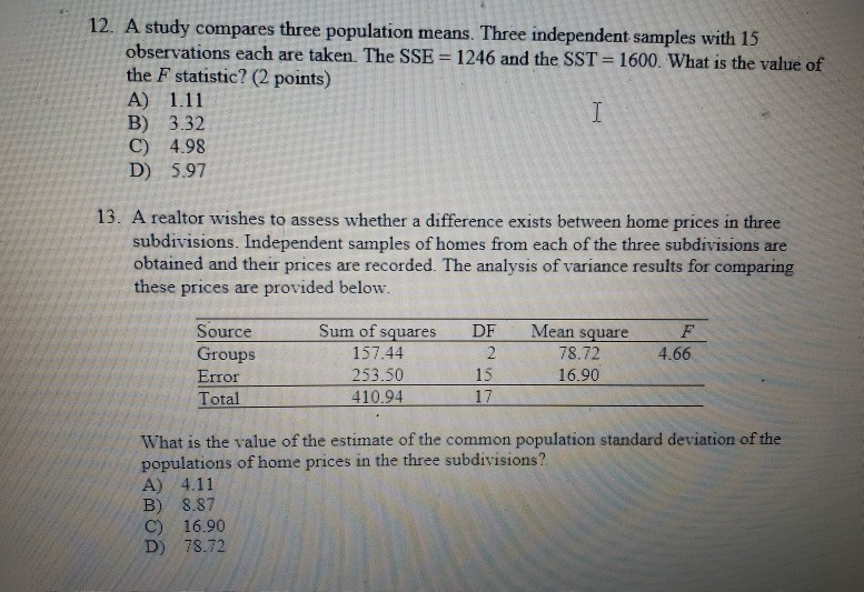 Solved 12. A study compares three population means. Three | Chegg.com