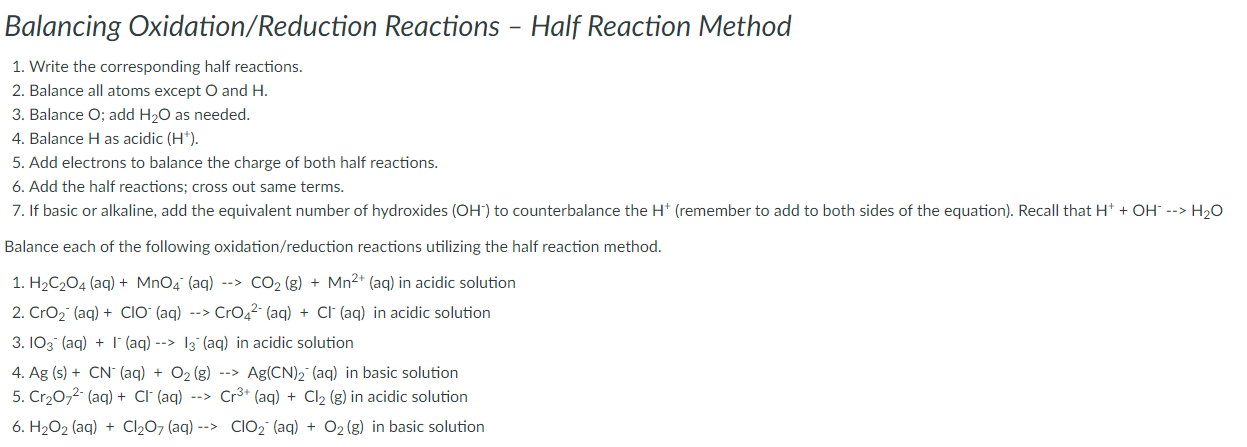 Solved Balancing Oxidation/Reduction Reactions - Half | Chegg.com