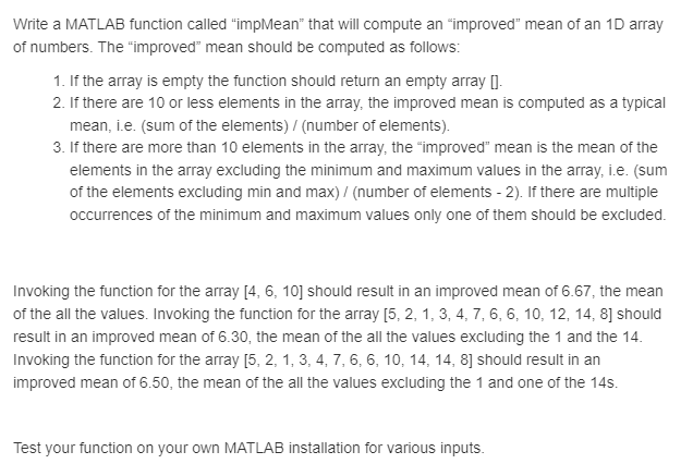 Write a MATLAB function called "impMean" that will | Chegg.com