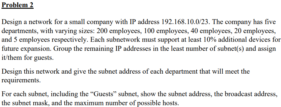 Solved Problem 2 ﻿Design a network for a small company with | Chegg.com