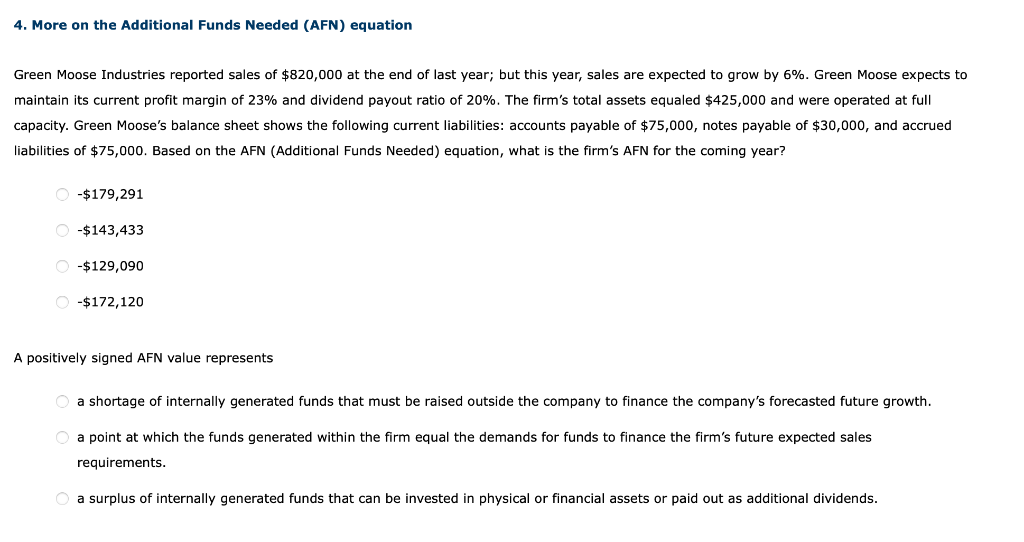 Solved 4. More on the Additional Funds Needed (AFN) equation | Chegg.com