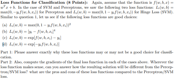 Loss Functions for Classification (8 Points): Again, | Chegg.com