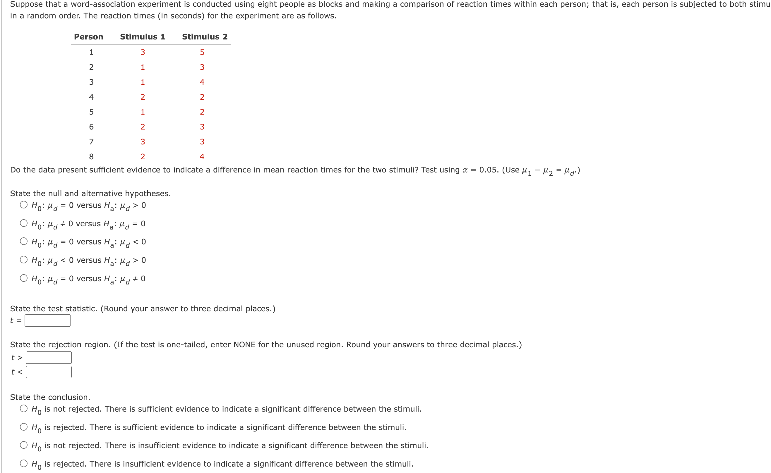 in a random order. The reaction times (in seconds) | Chegg.com