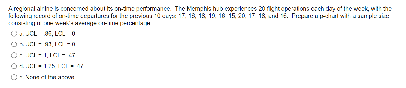 Solved A regional airline is concerned about its on-time | Chegg.com