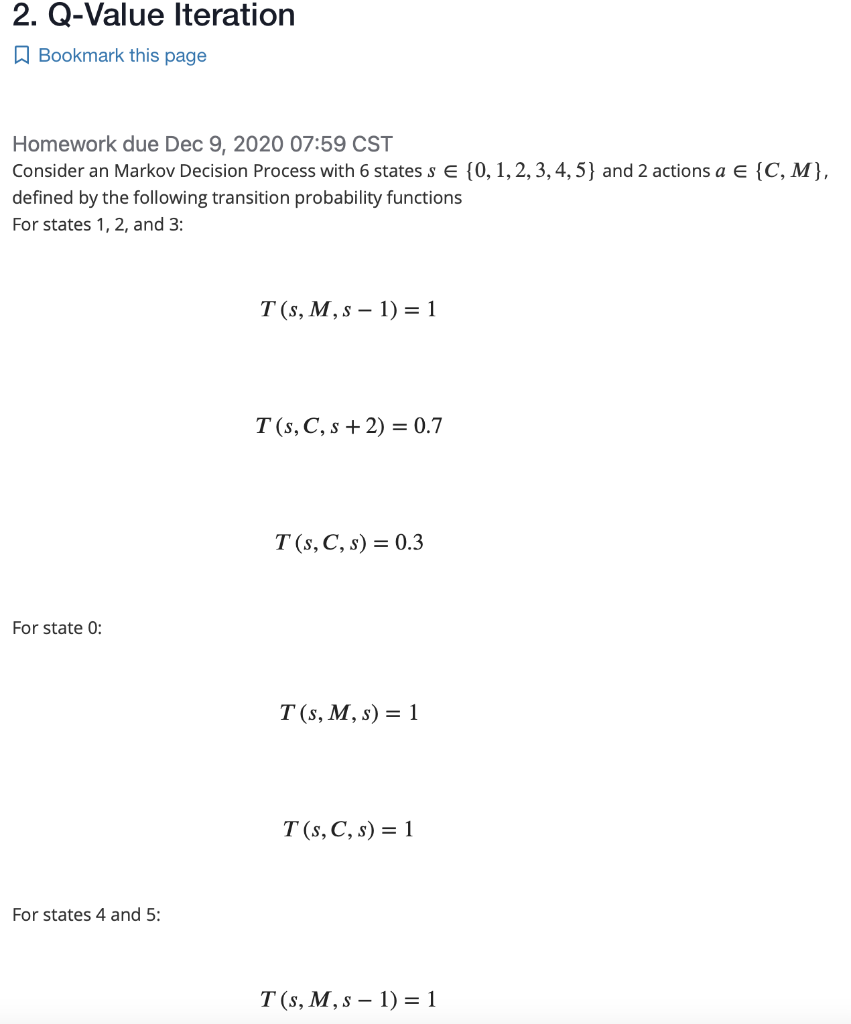 2 Q Value Iteration A Bookmark This Page Homework