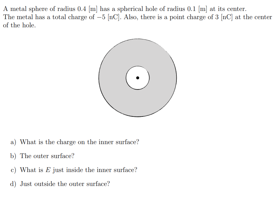 Solved A metal sphere of radius 0.4[m] ﻿has a spherical hole | Chegg.com
