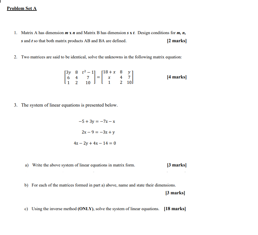 Solved Problem Set AMatrix A has dimension mxn ﻿and Matrix B | Chegg.com