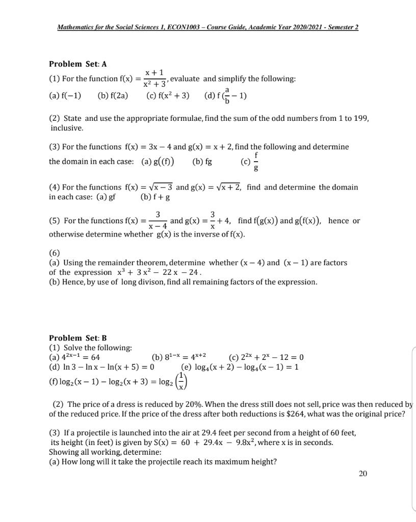 Solved Mathematics for the Social Sciences 1, ECON1003 - | Chegg.com