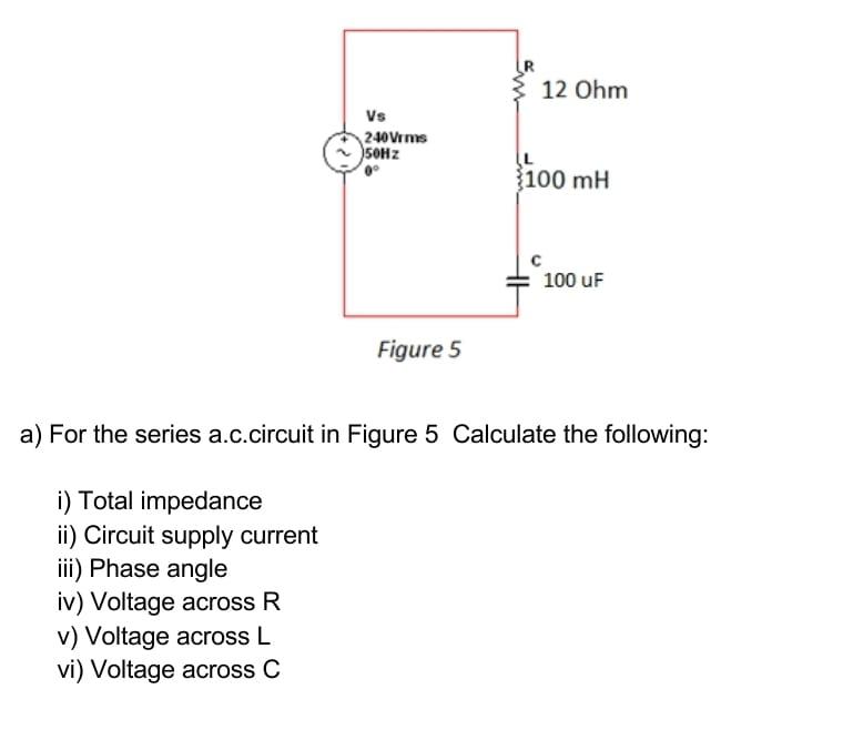 Solved 12 Ohm Vs 240 Vrms )50Hz 100 mH 100 uF Figure 5 a) | Chegg.com