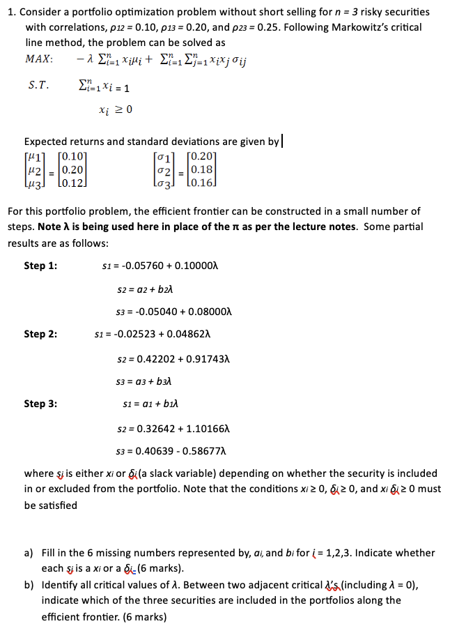 Solved Consider a portfolio optimization problem without | Chegg.com
