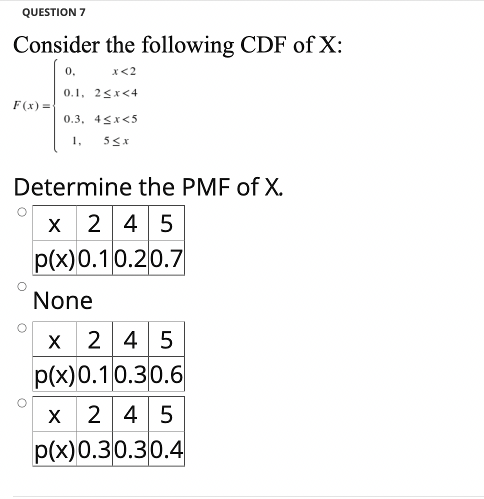 Solved QUESTION 7 Consider the following CDF of X: 0, x
