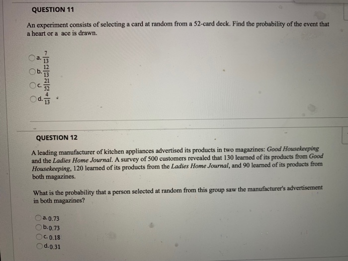 Solved QUESTION 11 An experiment consists of selecting a | Chegg.com