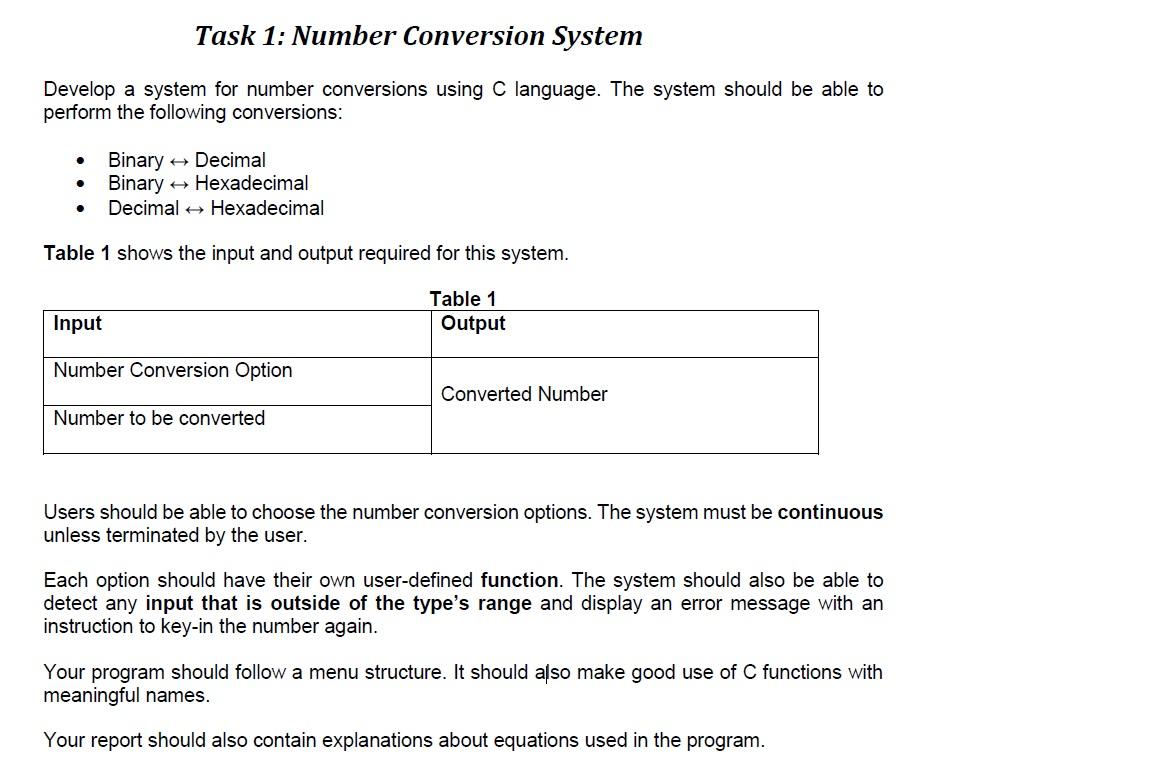 Solved Task 1: Number Conversion System Develop a system for | Chegg.com
