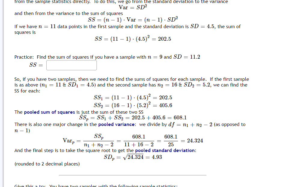 Solved from the sample statistics directly. To do this, we | Chegg.com