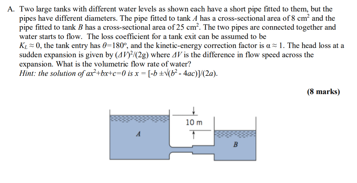 Solved A. Two large tanks with different water levels as | Chegg.com