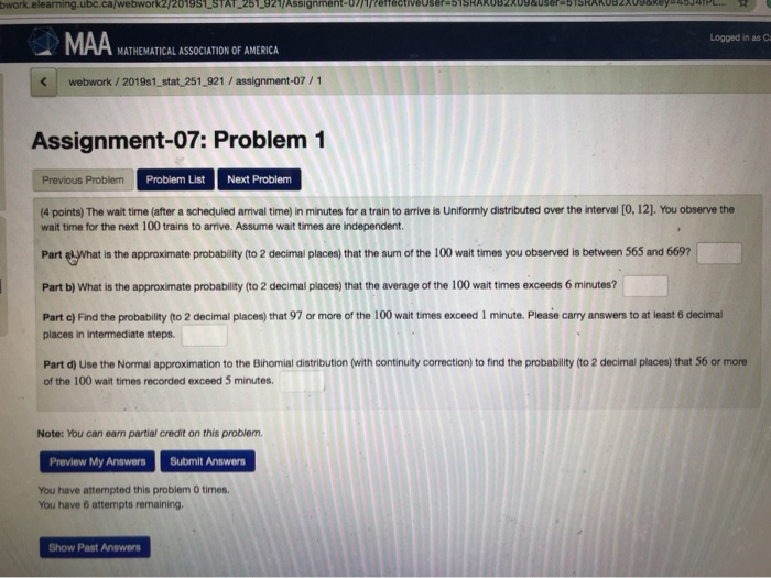 Solved bwork.elearning.ubc.ca/webwork2/2019S1 STAT 251 | Chegg.com