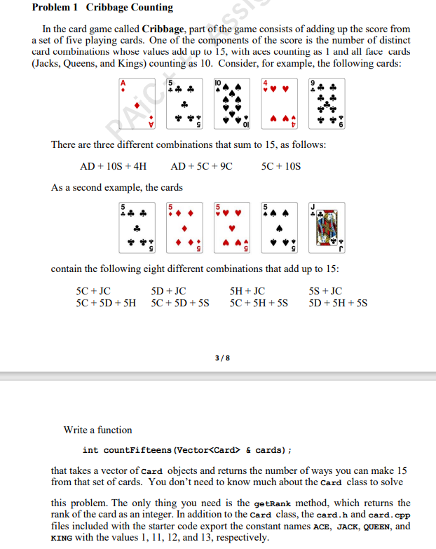 Solved Problem 1 Cribbage Counting In the card game called | Chegg.com