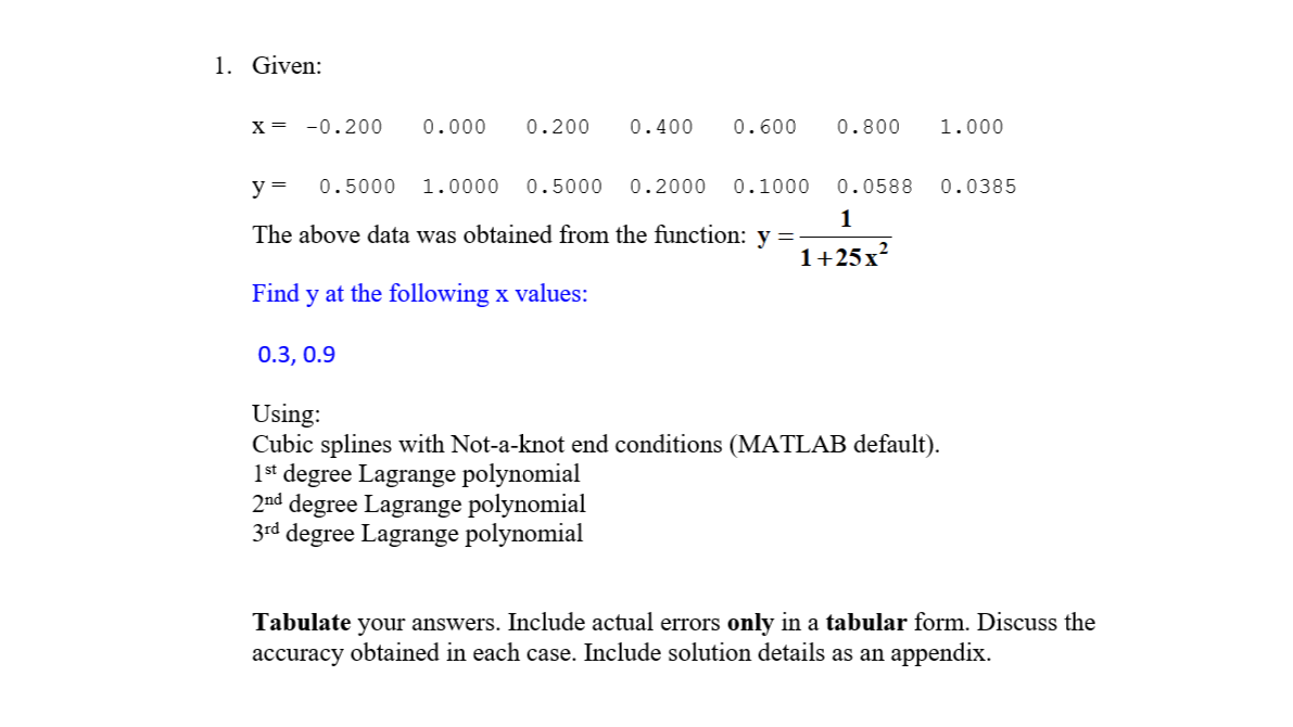 Solved 1. Given: x= -0.200 0.000 0.200 0.400 0.600 0.800 | Chegg.com