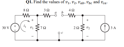Solved Q1. Find the values of V1, V2, Vab, Vbc and Vca 8Ω 4Ω | Chegg.com