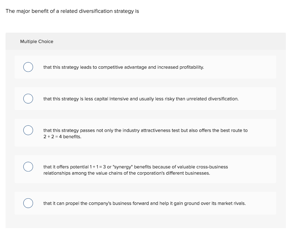 Solved The major benefit of a related diversification | Chegg.com