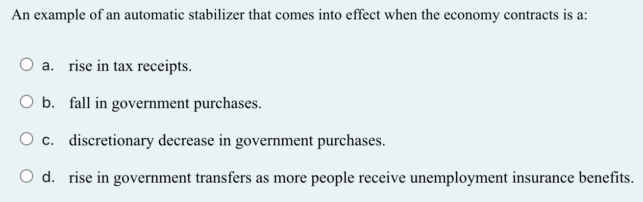 Solved An example of an automatic stabilizer that comes into | Chegg.com