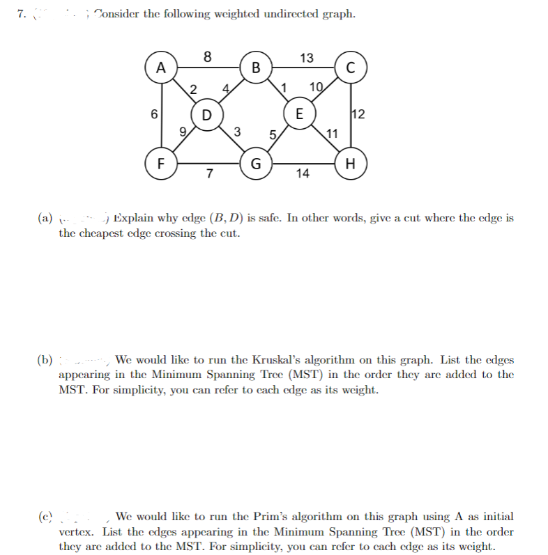 Solved 7. :. ; Consider the following weighted undirected | Chegg.com