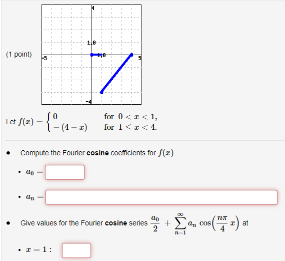 (1 point) Let f(x)={0−(4−x) for 0 | Chegg.com