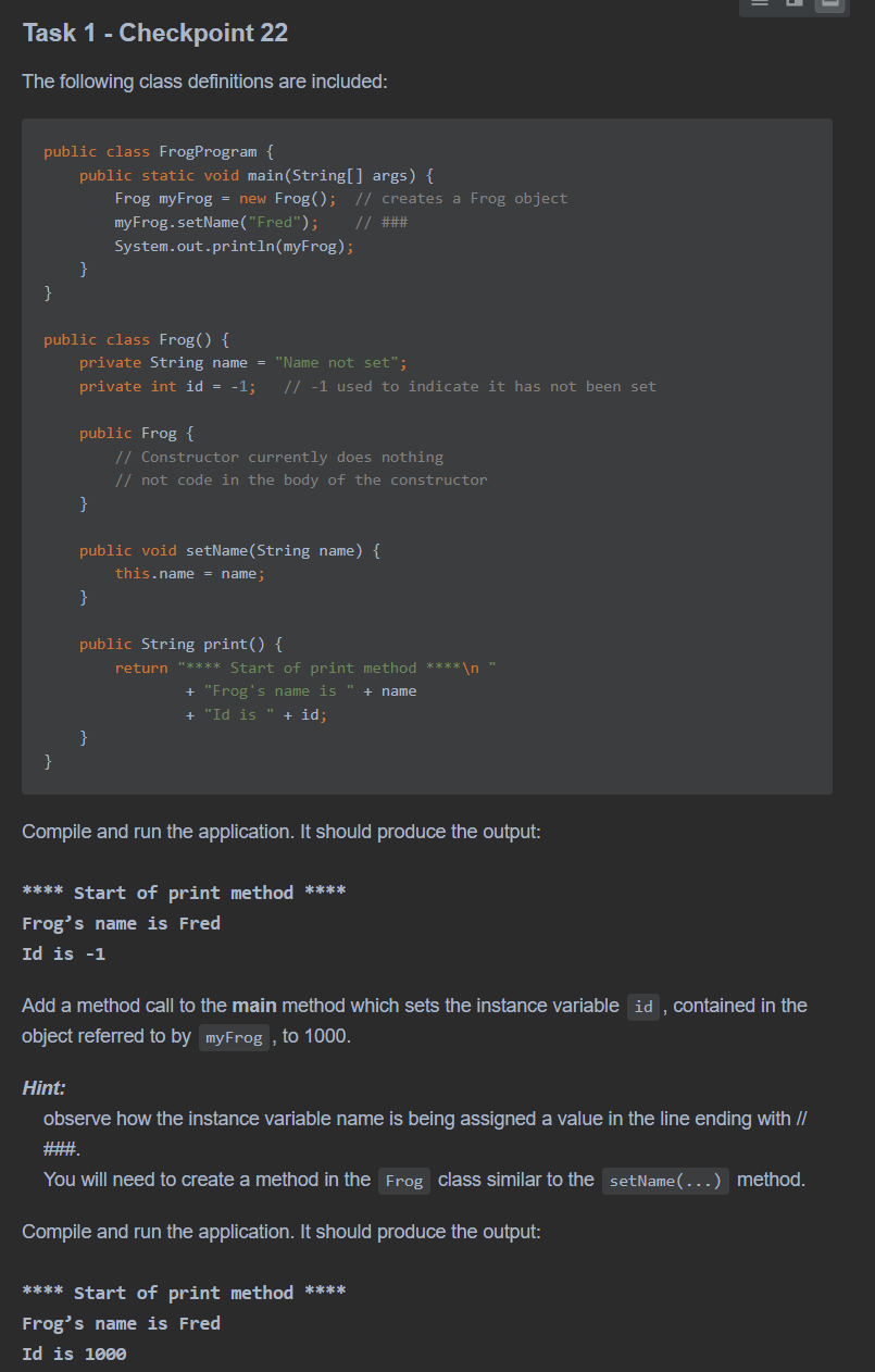Solved Task 1 - Checkpoint 22 The following class | Chegg.com