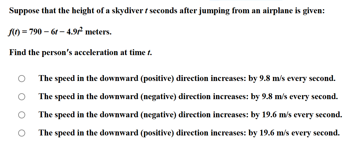 Solved Suppose that the height of ﻿a skydiver t ﻿seconds | Chegg.com