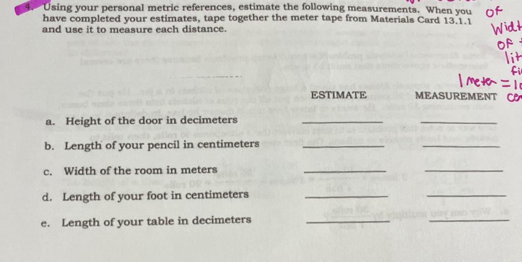 Solved Using your personal metric references, estimate the | Chegg.com