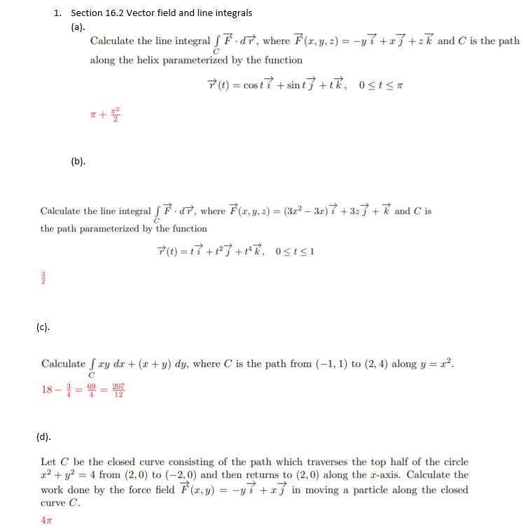 Solved 1. Section 16.2 Vector field and line integrals (a). | Chegg.com