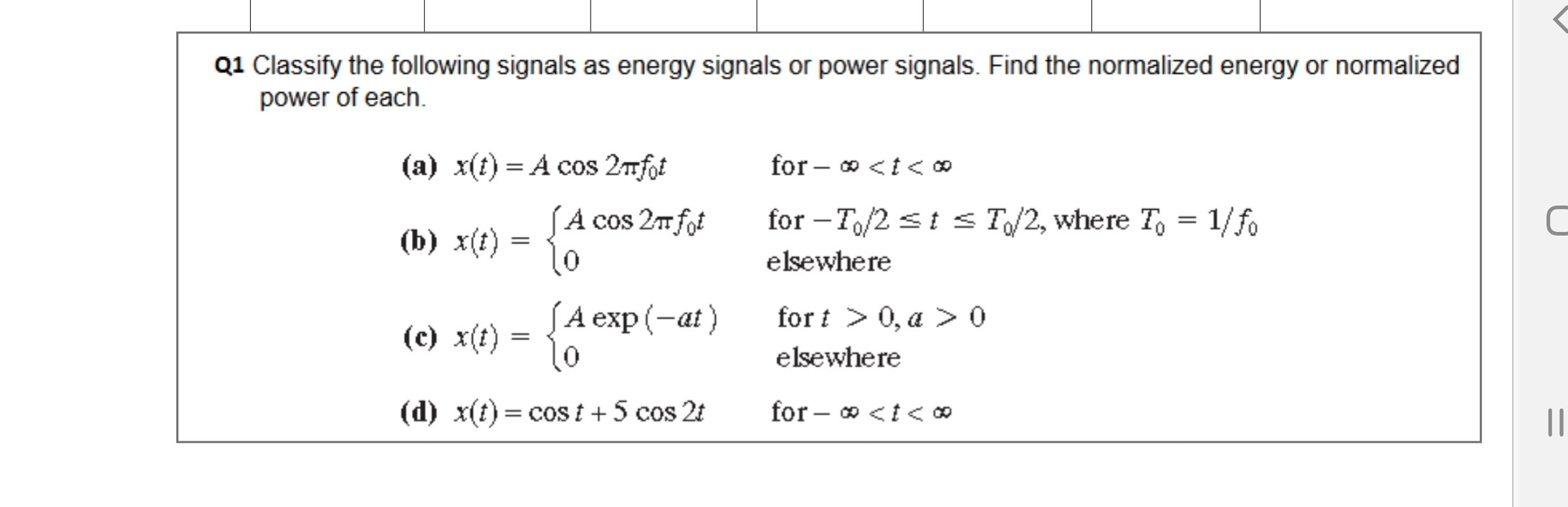 Solved Q1 Classify the following signals as energy signals | Chegg.com