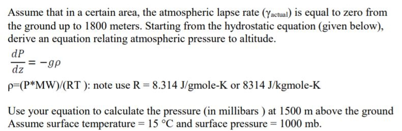 Solved Assume that in a certain area, the atmospheric lapse | Chegg.com
