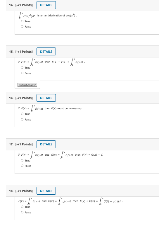 Solved ∫0xcos(t2)dt is an antiderivative of cos(x2). True | Chegg.com