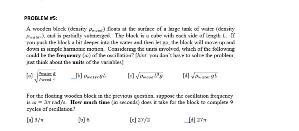 Solved A wooden block (density ρwood ) floats at the | Chegg.com