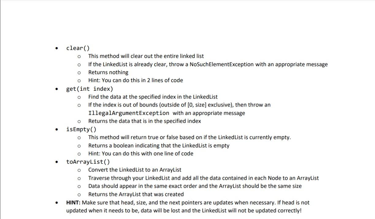 Solved Just write the LinkedList.java class according to | Chegg.com