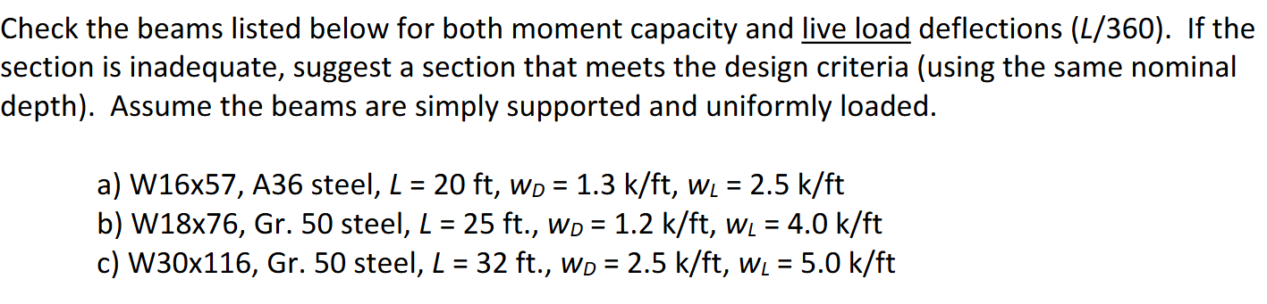 [Solved]: Check the beams listed below for both moment capa