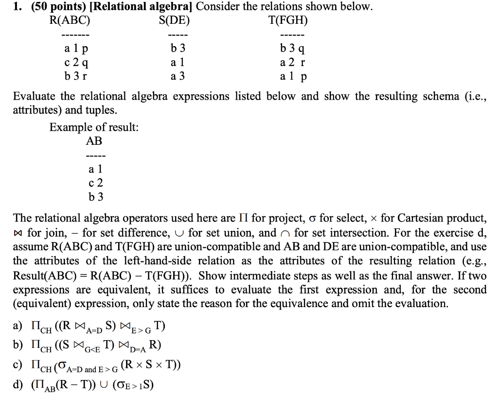 Solved 1. (50 points) [Relational algebra] Consider the | Chegg.com