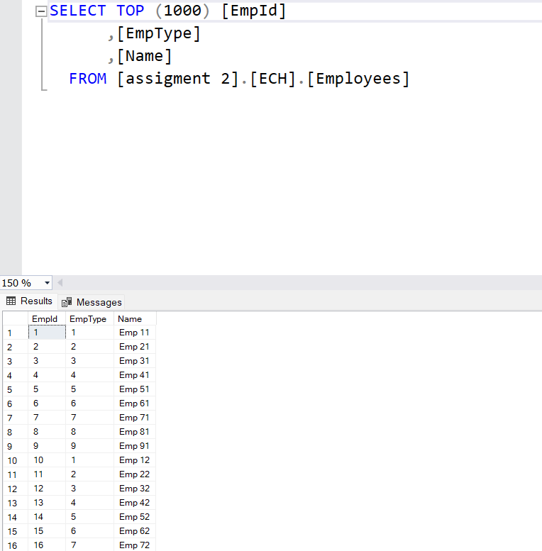 Solved —SELECT TOP (1000) [EmpId] , [EmpType] , [Name] FROM | Chegg.com