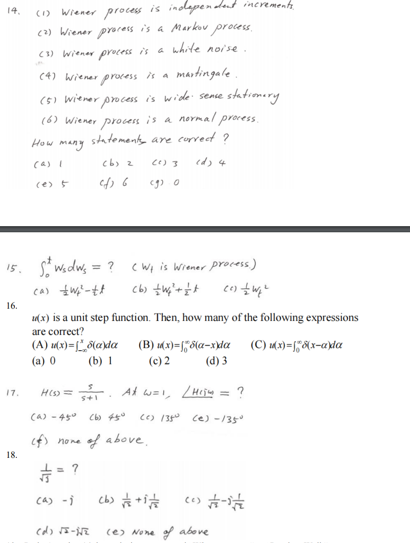 Solved 14. (1) Wiener process is independent increments. (2) | Chegg.com