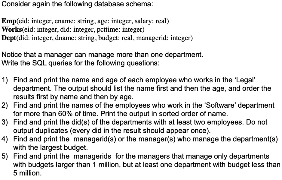 Solved Consider again the following database schema: Emp( | Chegg.com