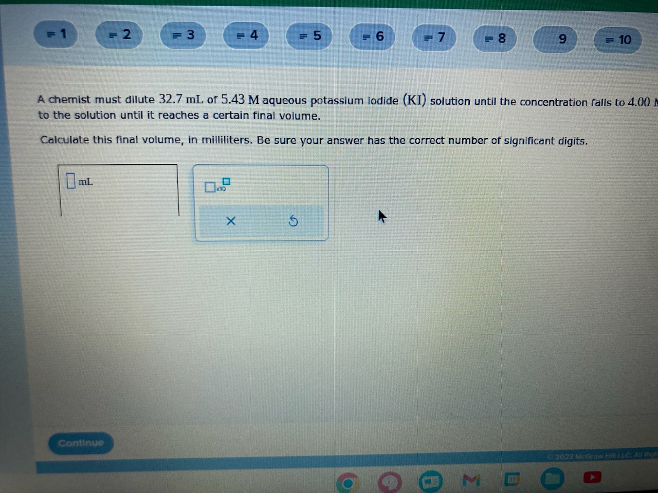 Solved A chemist must dilute 32.7 mL of 5.43M aqueous | Chegg.com