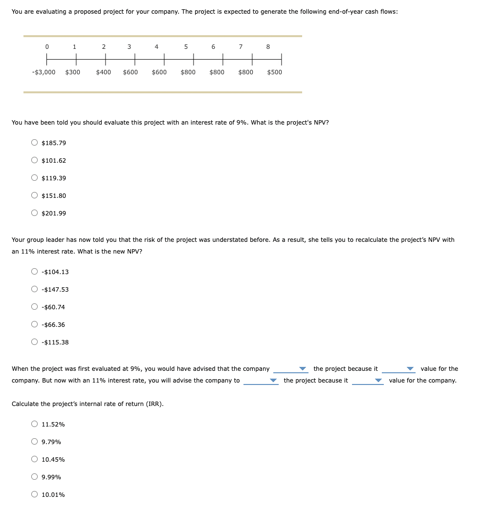 Solved You are evaluating a proposed project for your | Chegg.com