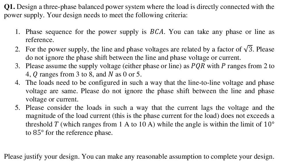 Q1. Design a three-phase balanced power system where | Chegg.com