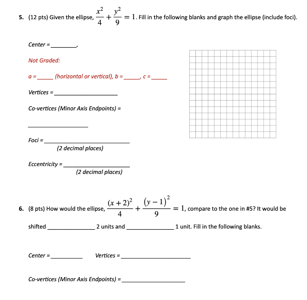 Solved 5. (12 pts) Given the ellipse, 4x2+9y2=1. Fill in the | Chegg.com