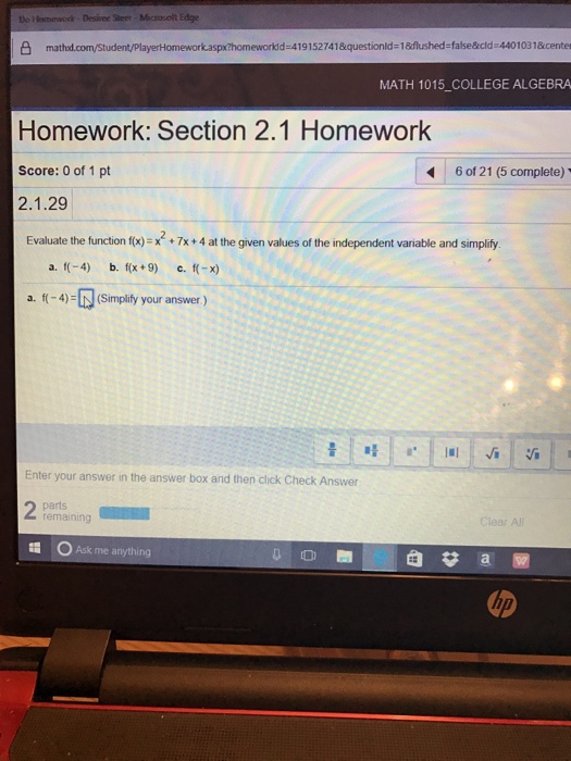 Solved Evaluate the function f(x) = x^2 + 7x + 4 at the | Chegg.com