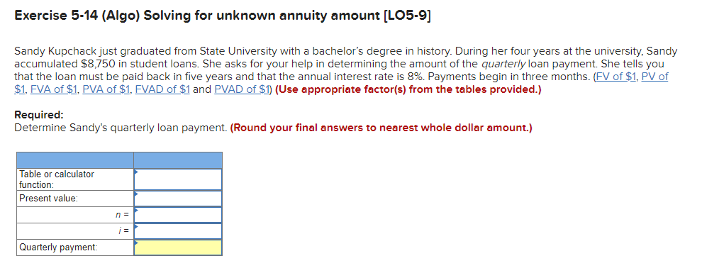 Solved Exercise 5-14 (Algo) Solving for unknown annuity | Chegg.com