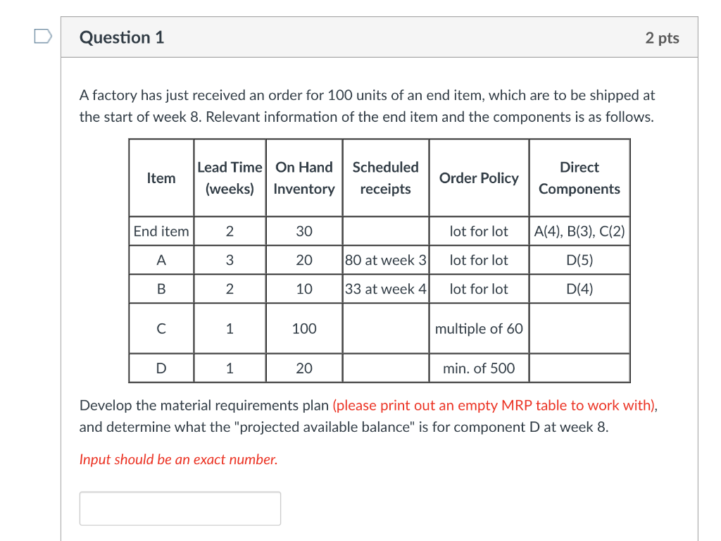 Solved Question 1 2 pts A factory has just received an order | Chegg.com