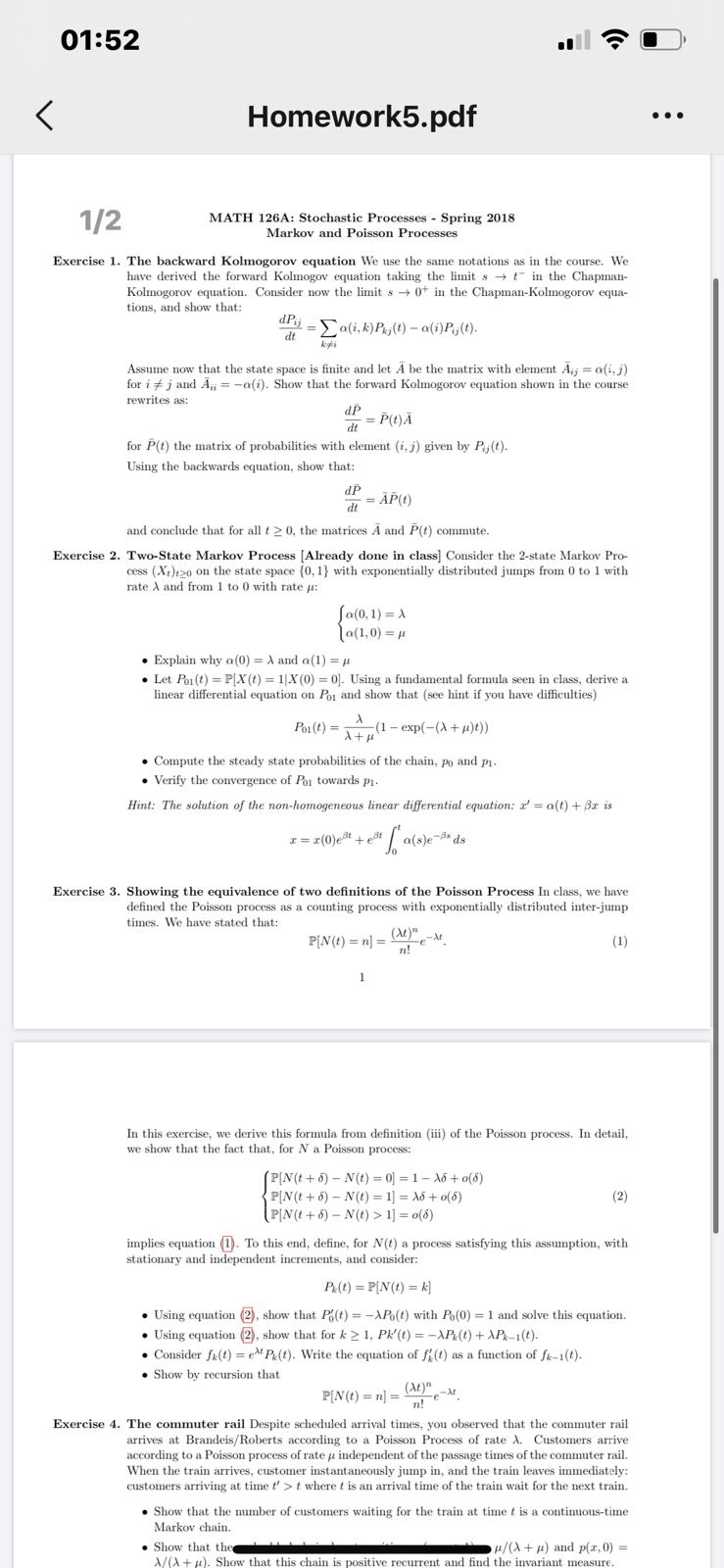 01:52 Homework5.pdf 1/2 MATH 126A: Stochastic | Chegg.com