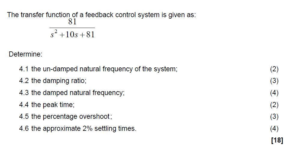 Solved The transfer function of a feedback control system is | Chegg.com